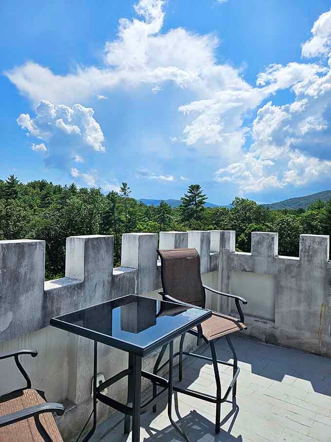 Battlements overlooking endless mountain ranges justify every tower-climbing step your knees might later question taking today.