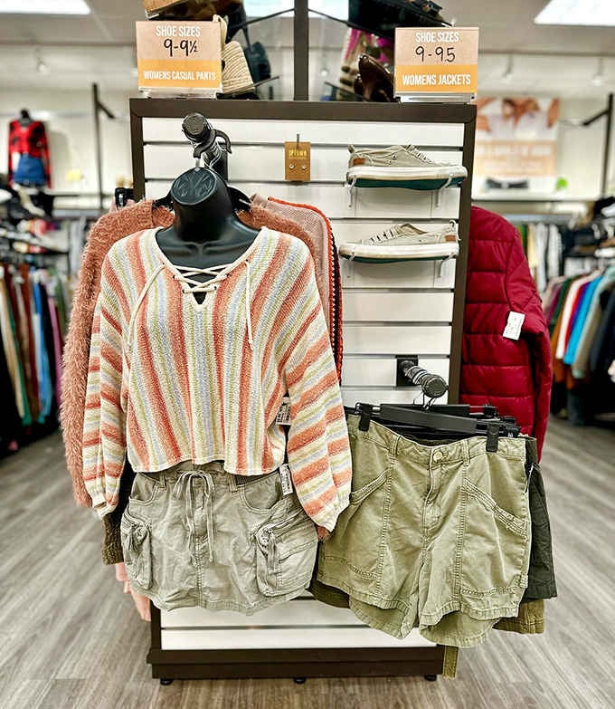 Striped sweaters paired with cargo shorts create that effortlessly casual look perfect for weekend farmers market adventures or coffee dates.