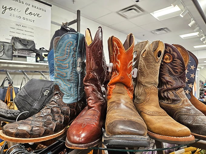 Cowboy boots lined up like leather soldiers, ready to add some Kentucky flair to any wardrobe that needs it.