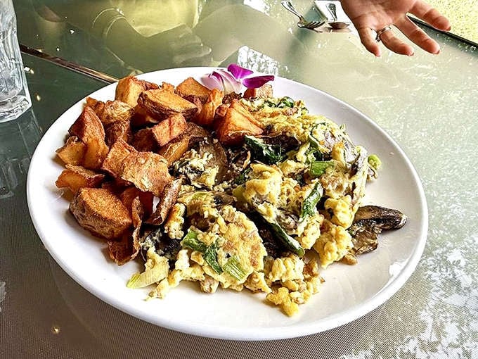 An omelet that proves vegetables can be the main character. Those roasted potatoes deserve their own fan club.