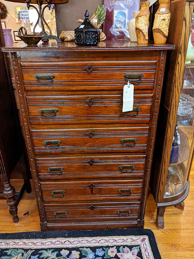 Solid wood craftsmanship with drawers that still glide smoothly, proving furniture used to be built for your great-grandchildren.