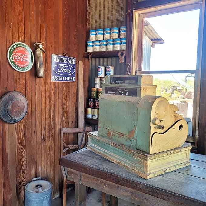 Vintage Coca-Cola signs and that mint-green cash register transport you straight back to simpler commercial times.