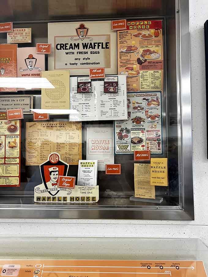 Menu evolution through the decades! From 10&cent; coffee to the full "scattered, smothered, covered" experience&mdash;breakfast history on display.