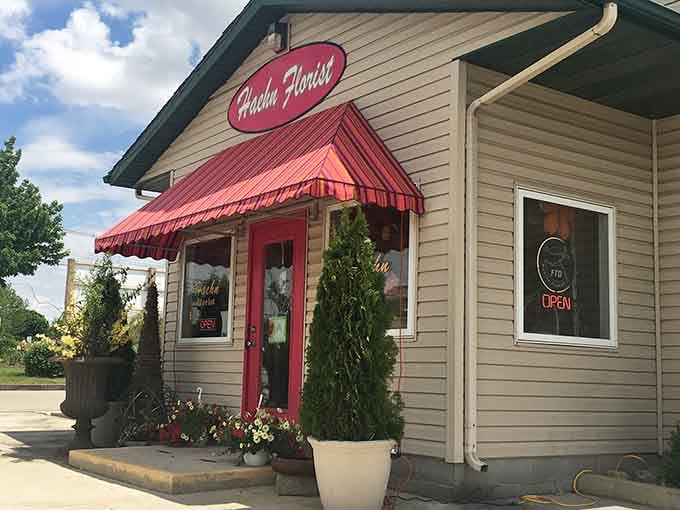 That cheerful red canopy shelters blooms and greenery, proving small-town flower shops still know how to brighten lives.