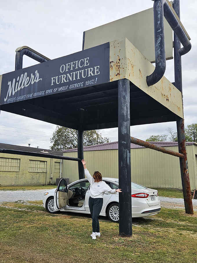 Parking under the chair gives you a whole new perspective on what "overhead clearance" really means in Alabama.