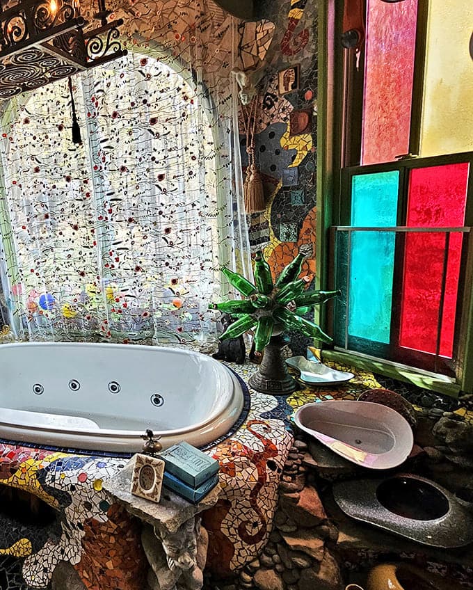 This bathroom transforms the mundane into magical&mdash;where else would a bathtub be surrounded by a sea of handcrafted mosaic?
