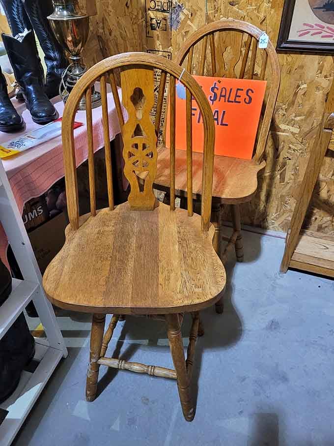 These wooden chairs have weathered decades of family dinners. Now they're waiting for their next chapter in someone else's story.