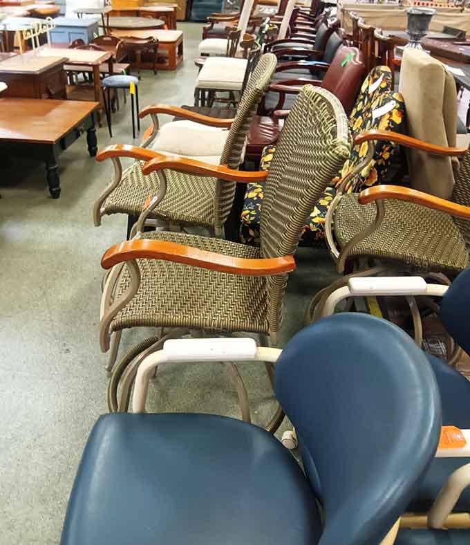 The chair brigade stands at attention, each with character and stories, waiting for the perfect posterior to claim them.