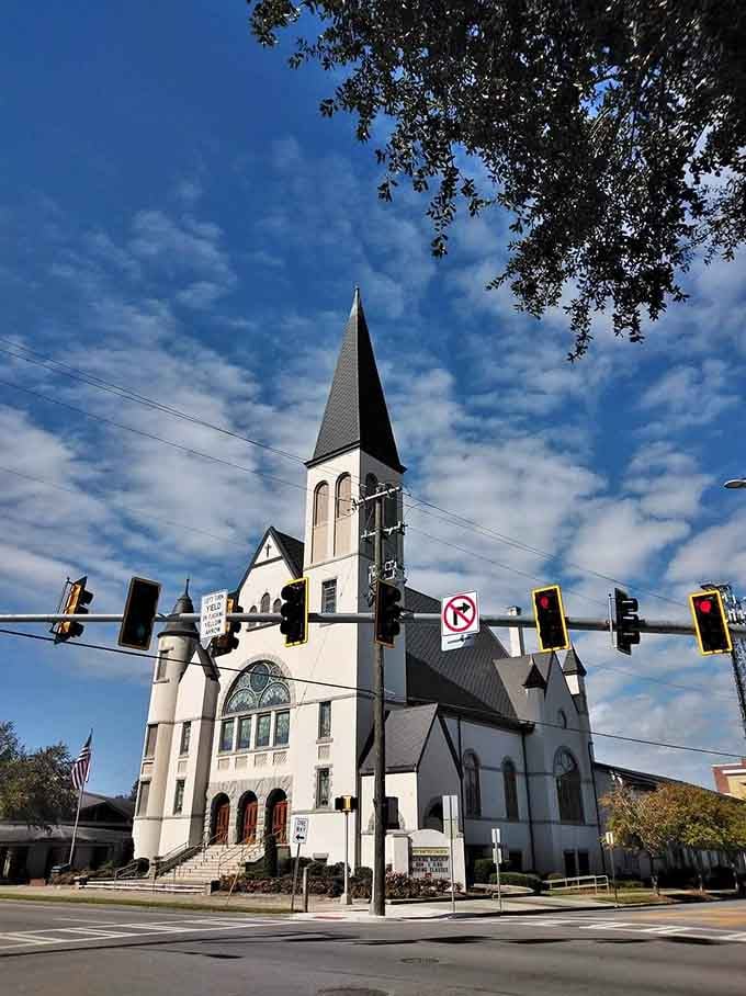 This striking white church with its soaring steeple has witnessed generations of Valdosta life, standing sentinel at a busy intersection of faith and community.