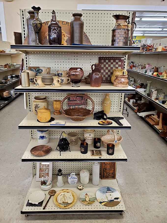 Pottery and decorative pieces that tell stories of homes past, arranged like artifacts in a museum of everyday American life.