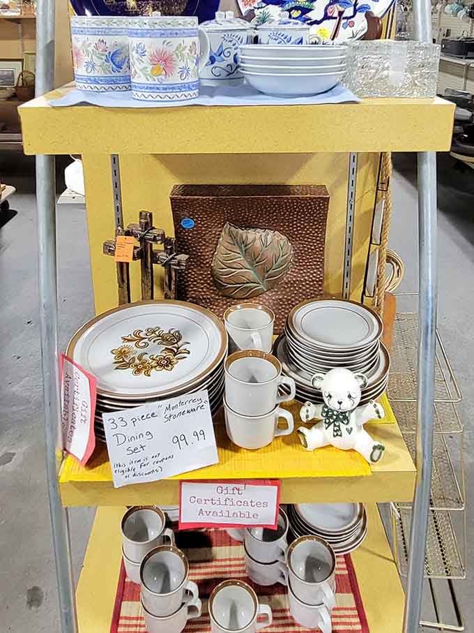 A complete dining set awaits its next family gathering, ready to witness new memories while carrying the patina of meals past.