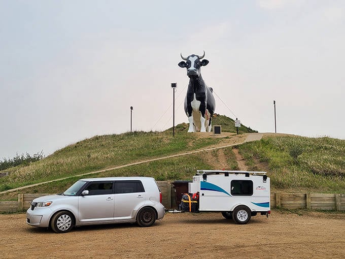 Standing tall against muted skies, Sue welcomes visitors with the stoic dignity only a giant fiberglass cow can muster.