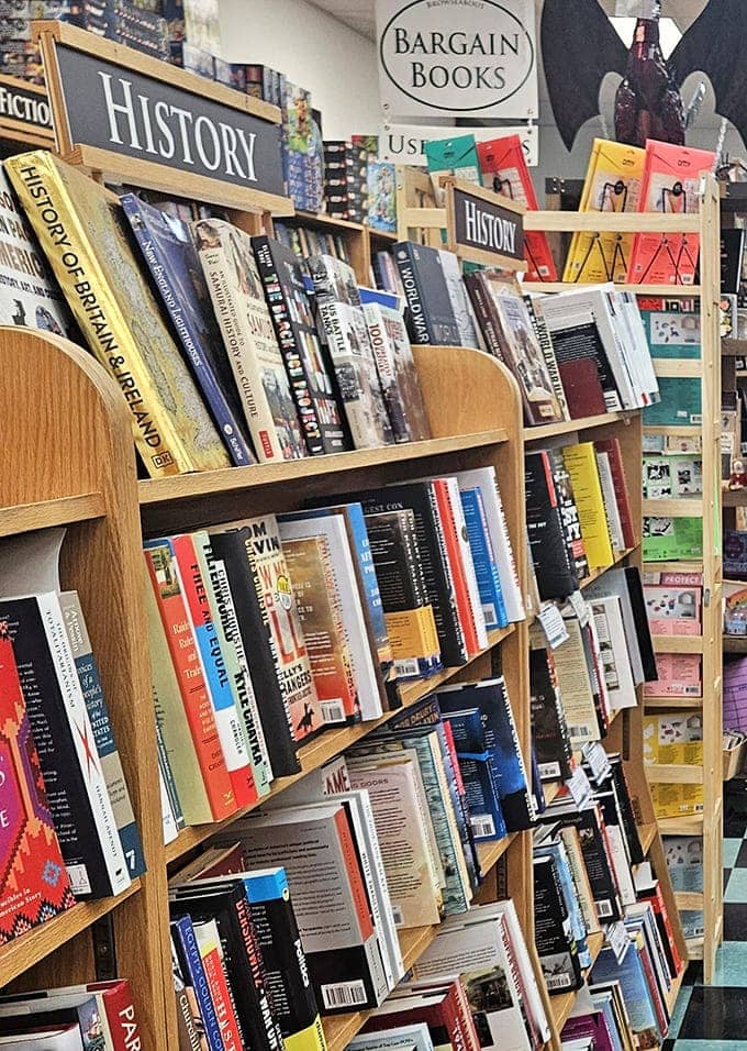 History books stacked like time machines, ready to transport you from ancient Rome to yesterday's headlines with a page turn.