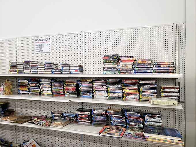 DVD shelves offering nostalgic movie nights before streaming took over. Complete series waiting to transport you back to simpler entertainment times.