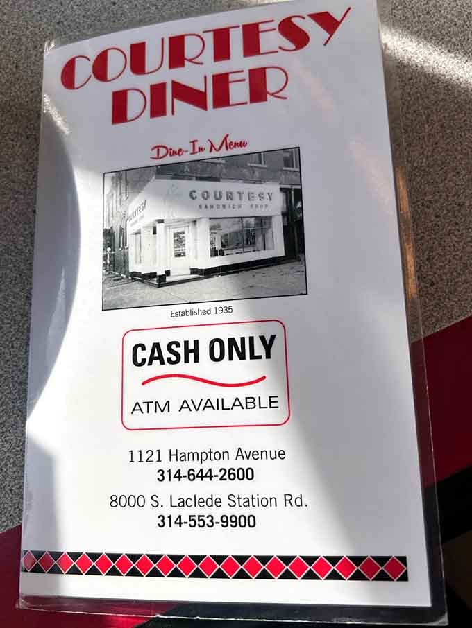 The menu cover tells you everything you need to know: established 1935, cash only, and a history as rich as their sausage gravy.