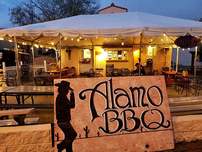 Alamo BBQ's tent-covered patio feels like a backyard party where everyone's invited and the food never disappoints.