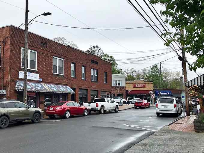 Brick buildings with character line this quaint street in Black Mountain, where every storefront tells a story.