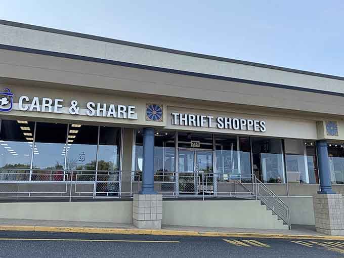 The accessible entrance with its bright railings welcomes everyone to participate in the joy of thrifting with purpose.