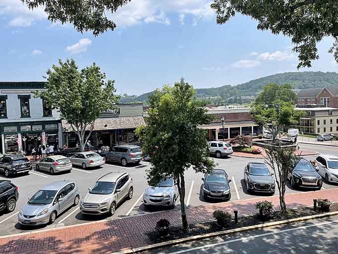 Tree-shaded parking and mountain views make this downtown square the kind of place where errands feel like pleasure.