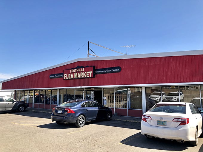 The classic red barn-style building promises old-fashioned treasure hunting with plenty of parking for serious shoppers.