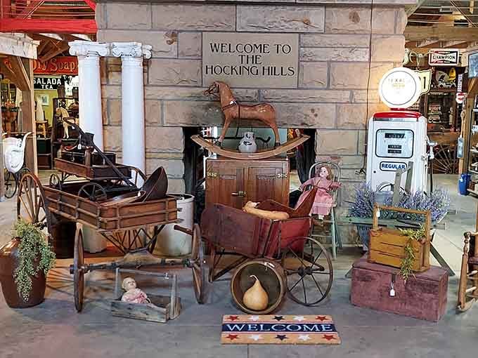 Rustic wagons and vintage gas pumps set the stage for authentic country charm and nostalgic finds.