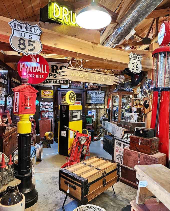 Classic Americana fills every corner, from old signs to vintage motorcycles, celebrating the good old days beautifully.