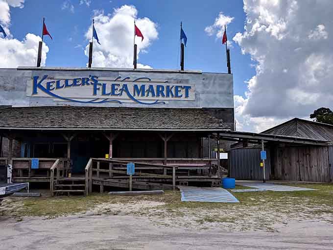 Colorful flags flying above weathered wood give this coastal market the charm of a seaside boardwalk from yesteryear.