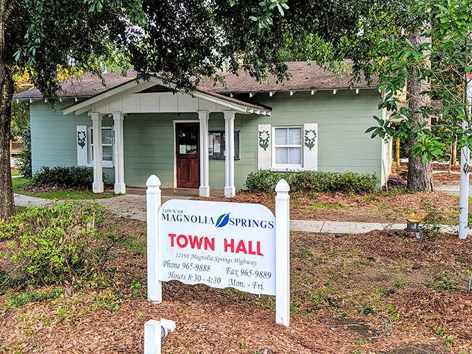 Magnolia Springs' charming town hall looks more like a cozy cottage, perfectly reflecting the community's intimate, small-town character.