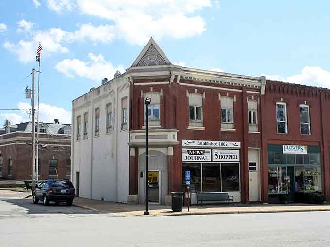 Historic downtown buildings stand together like a lineup from different eras, each adding character to this affordable Missouri gem.