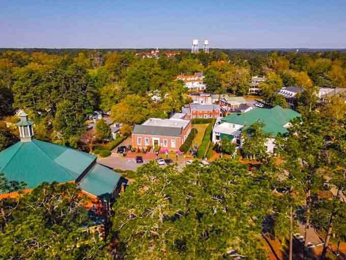 From above, green roofs and historic buildings nestle among trees like hidden treasures waiting to be discovered by wanderers.