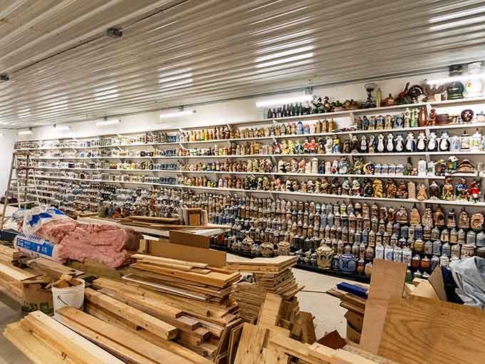 Thousands of decorative beer steins line these shelves like a Bavarian festival frozen in time and space.