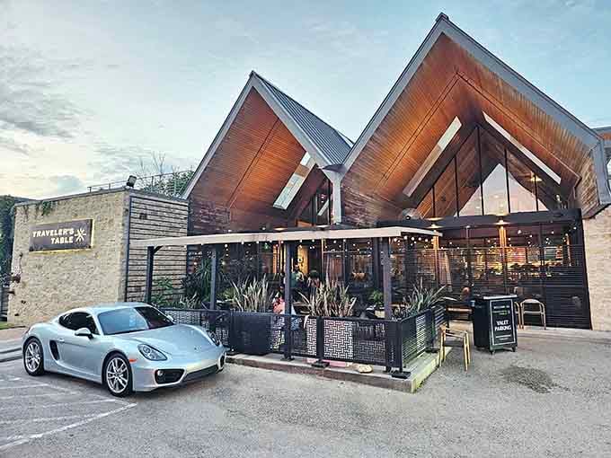 Those dramatic angular rooflines hint at the global culinary journey waiting inside this architecturally stunning restaurant space.