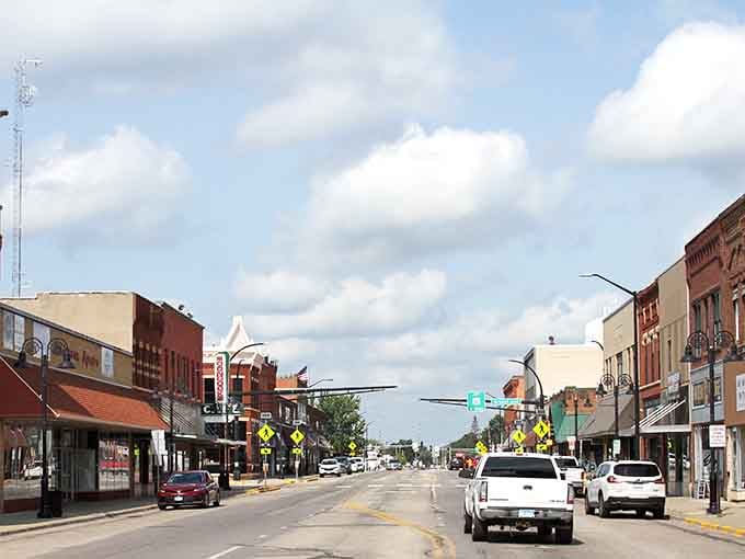 Vintage main street architecture stands strong, each building a testament to craftsmanship that modern construction rarely matches anymore.