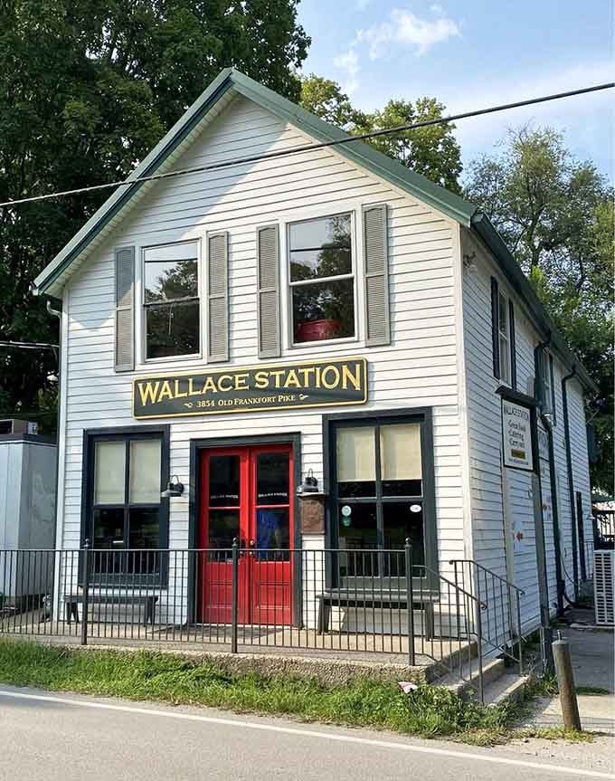 This charming white building with red doors looks like it stepped straight out of a Norman Rockwell painting.
