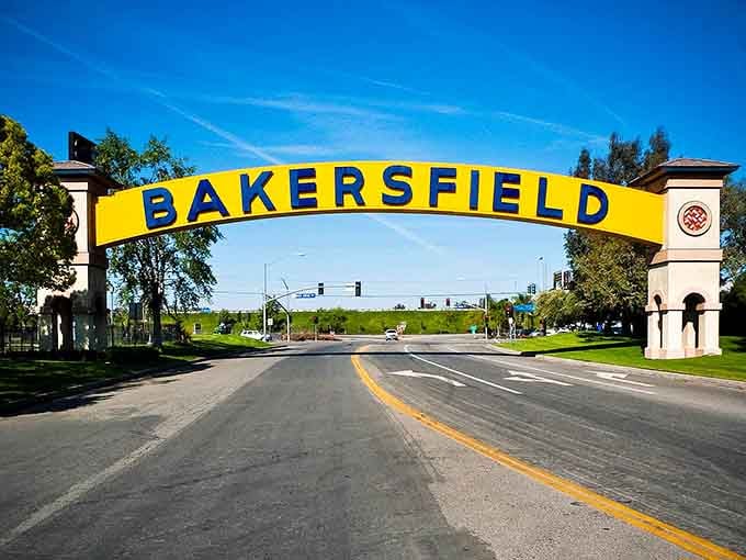 Bakersfield's bold yellow arch announces a city where country music heritage meets genuinely affordable California living for everyone.