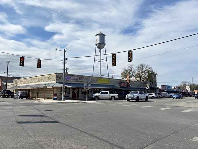 The classic water tower rises above Main Street like a beacon, marking small-town America at its most authentic.