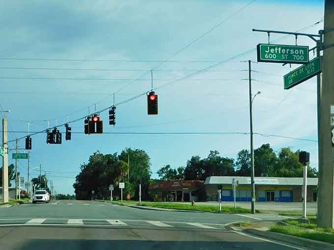 Wide intersection at Jefferson Street where the pace is so relaxed you could take a nap at the light.