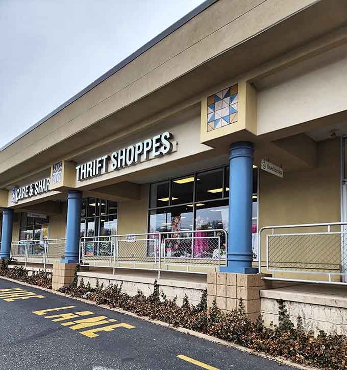 Those cheerful blue columns frame an entrance that promises organized aisles and the satisfaction of finding exactly what you need.