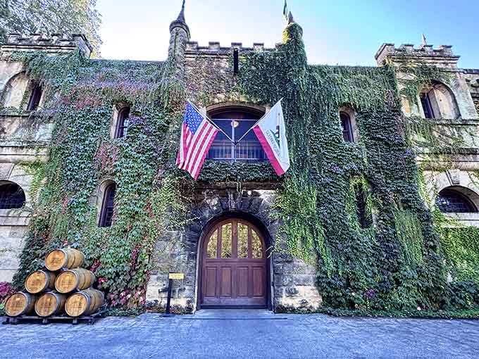Green vines climbing ancient-looking stones give this winery castle the romantic patina that only time and nature can provide.