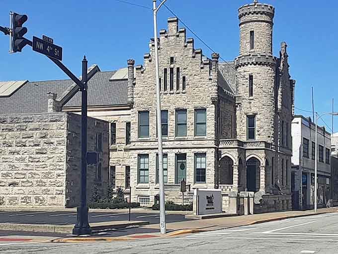 That castle-like limestone building looks ready for knights and dragons, but it's just classic Hoosier civic architecture at work.