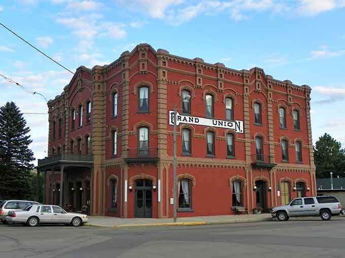The historic Grand Union Hotel stands proudly in Fort Benton, displaying beautiful brick architecture from Montana's steamboat era days.