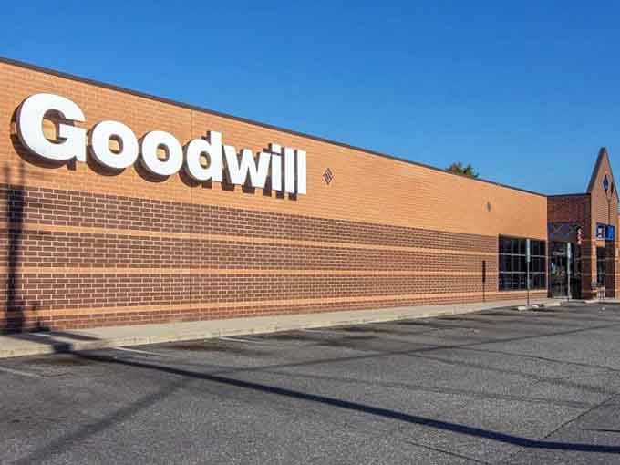 The massive Goodwill sign stretches across brick walls, promising familiar quality in a supersized shopping experience.
