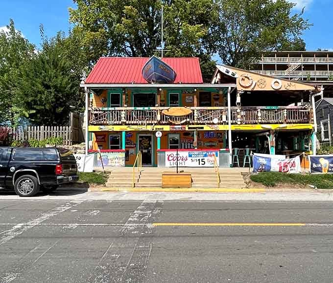 This colorful riverside spot looks like someone built a party house and forgot to take down the decorations.