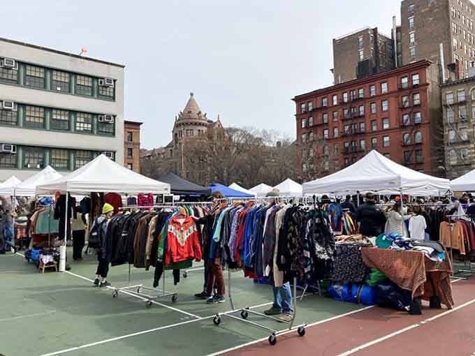 Tennis courts transform into a vintage clothing bazaar where racks overflow beneath dramatic city architecture.