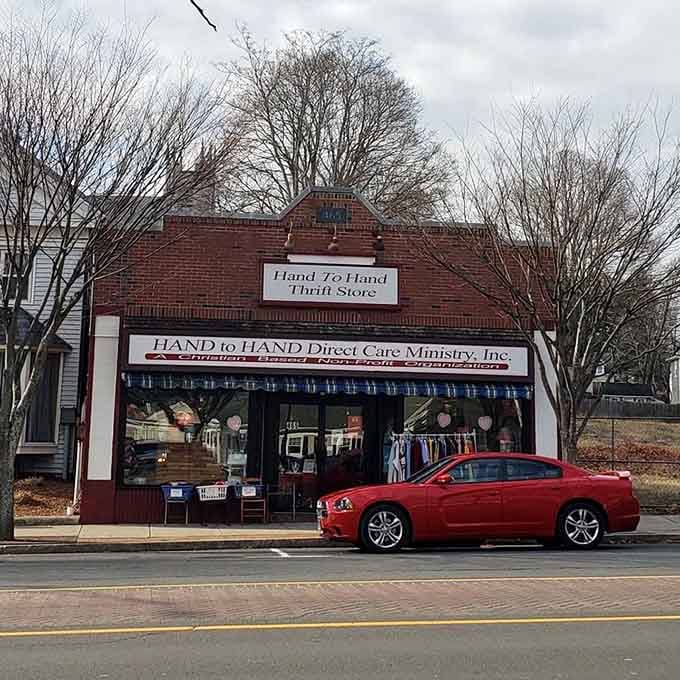 Bare winter trees frame this community-focused shop where every purchase helps hands reach out to those who need them.
