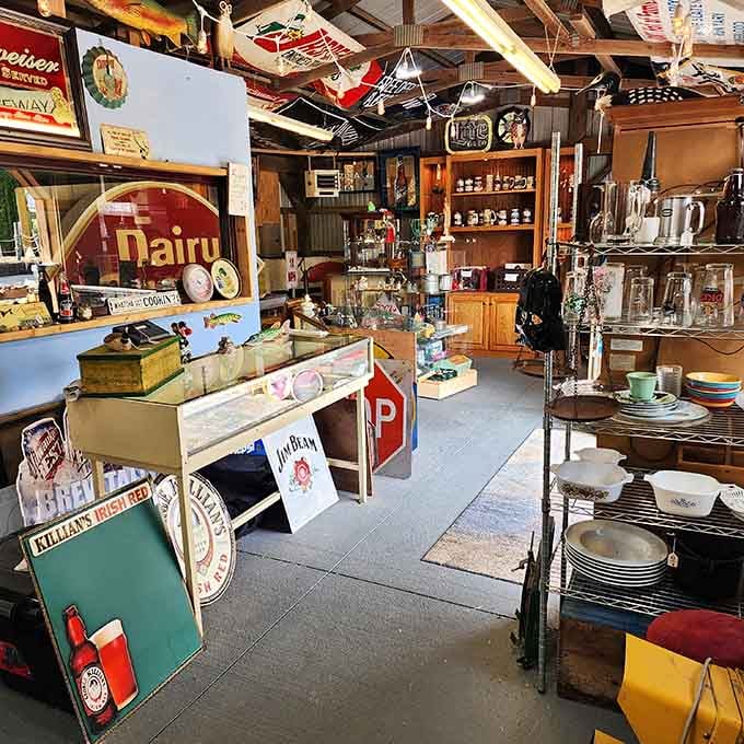 That cheerful Dairy sign and colorful collectibles create a nostalgic wonderland that would make any antique lover swoon.
