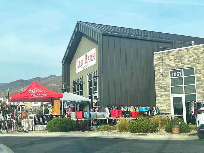 Outdoor displays at the Red Barn create a festive shopping atmosphere. Like a yard sale curated by people with actual taste and standards.