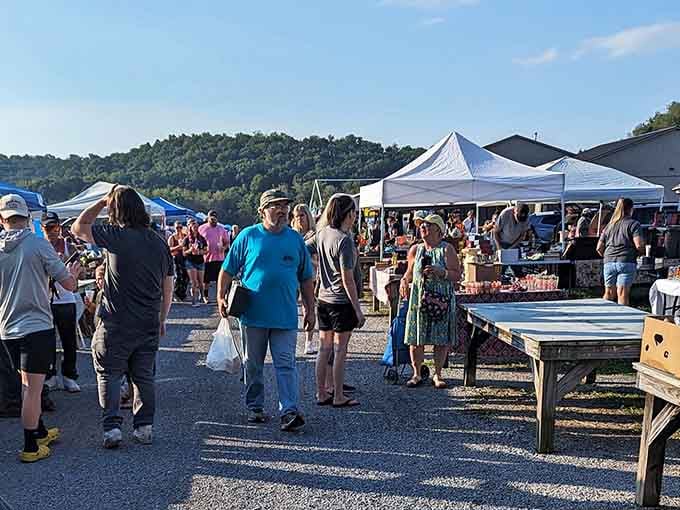 Shoppers meander through tent-covered aisles as gentle hills provide the perfect backdrop for this community treasure hunt.