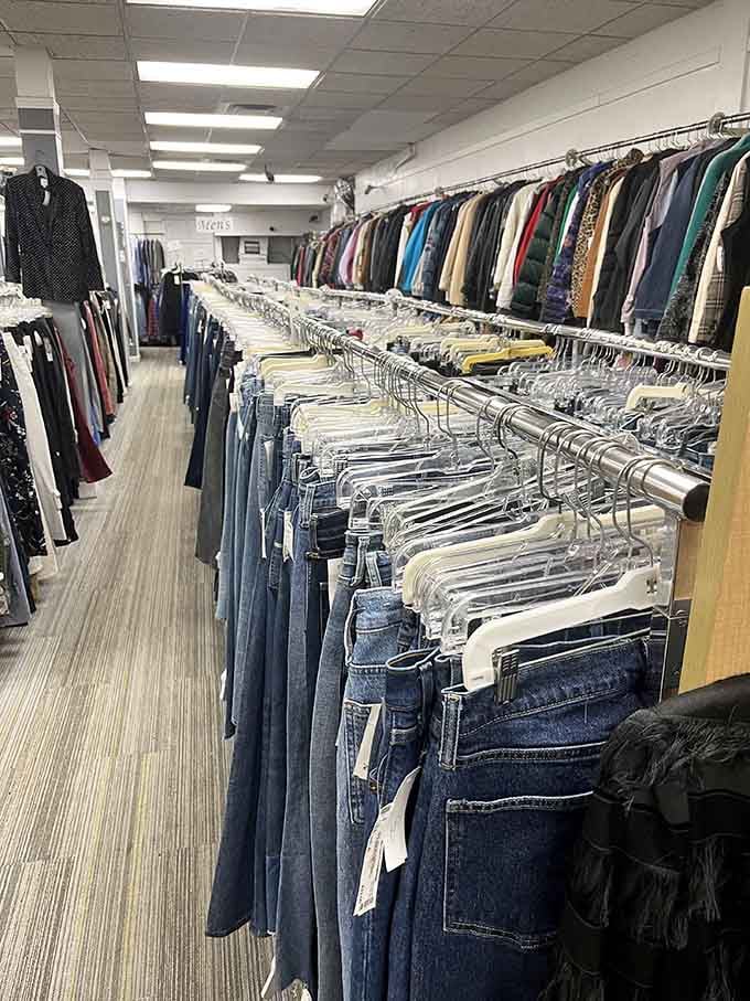 Perfectly organized denim racks demonstrate the care taken here, making it easy to find your size among hundreds of options.