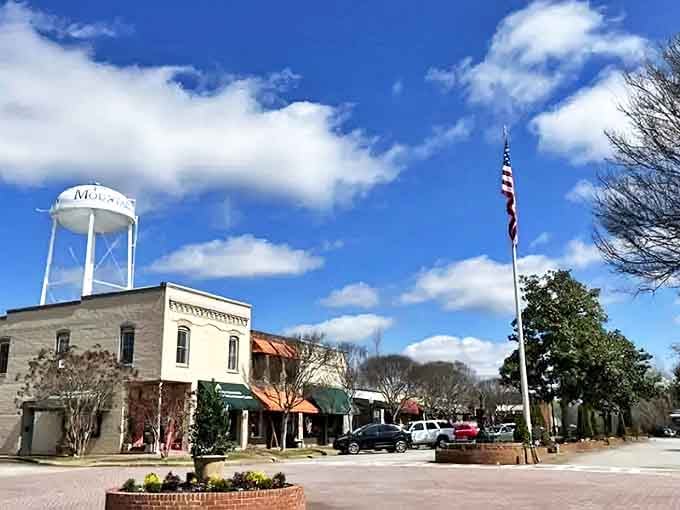Under clear Georgia skies, Pine Mountain's flag waves proudly over a downtown that perfectly balances preservation with small-town vitality.
